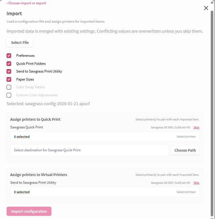 Esportazione e importazione dei file di configurazione SPU – Cura Sawgrass